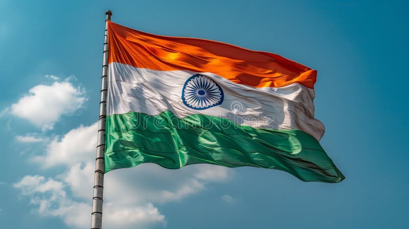 An Indian Flag Waving in the Wind Against a Blue Sky with White Clouds ...