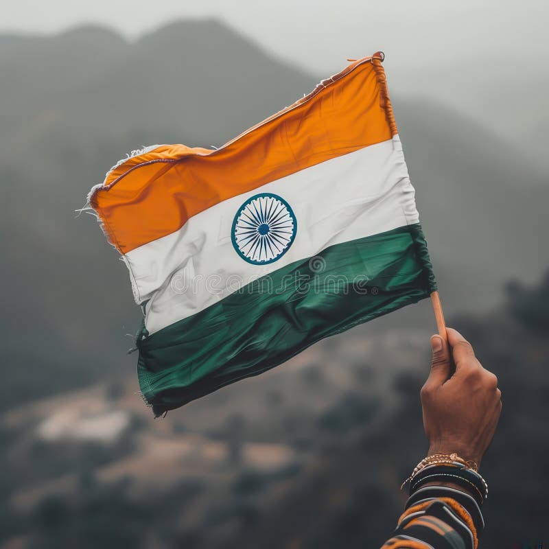 Indian Flag Waving in the Wind Against a Mountain Backdrop Stock ...