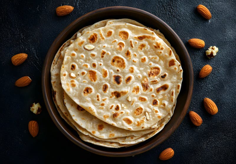 Indian Flatbread Roti with Almonds, Top View Stock Illustration ...