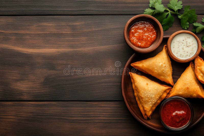 Indian Food Display, Rustic Table with Samosas, Chutneys, and Indian ...
