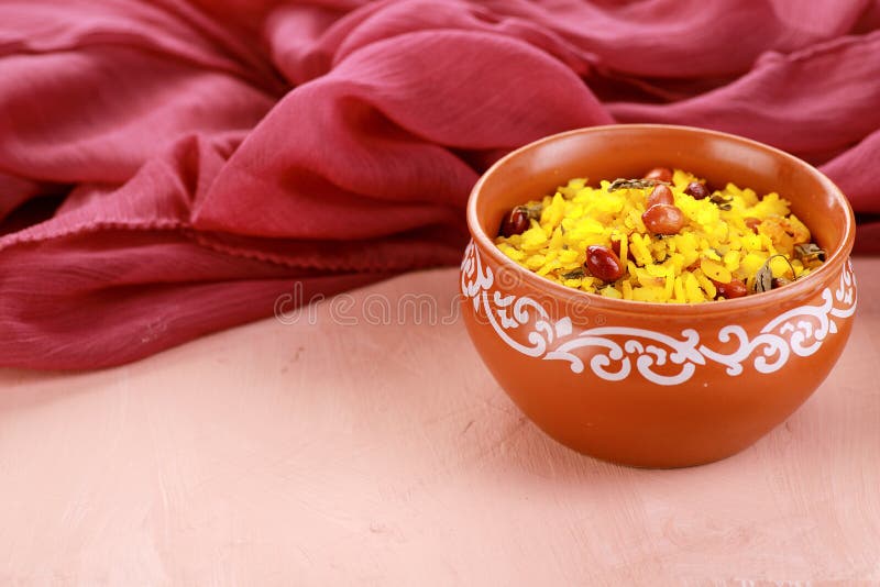 Indian Food Maharashtra Poha with Peanuts in a Pottery Bowl Stock Image ...