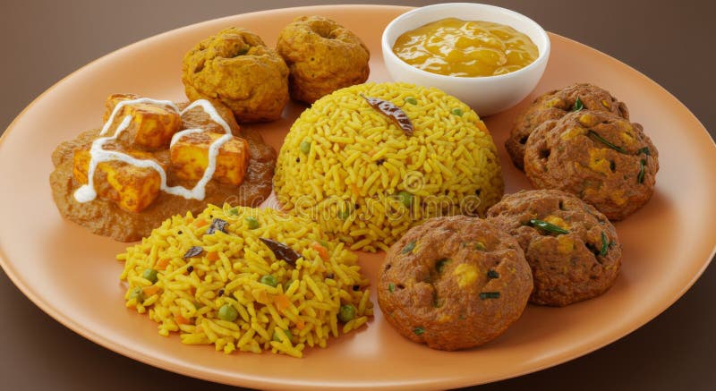 Indian Food Platter with Yellow Rice and Curry Stock Illustration ...