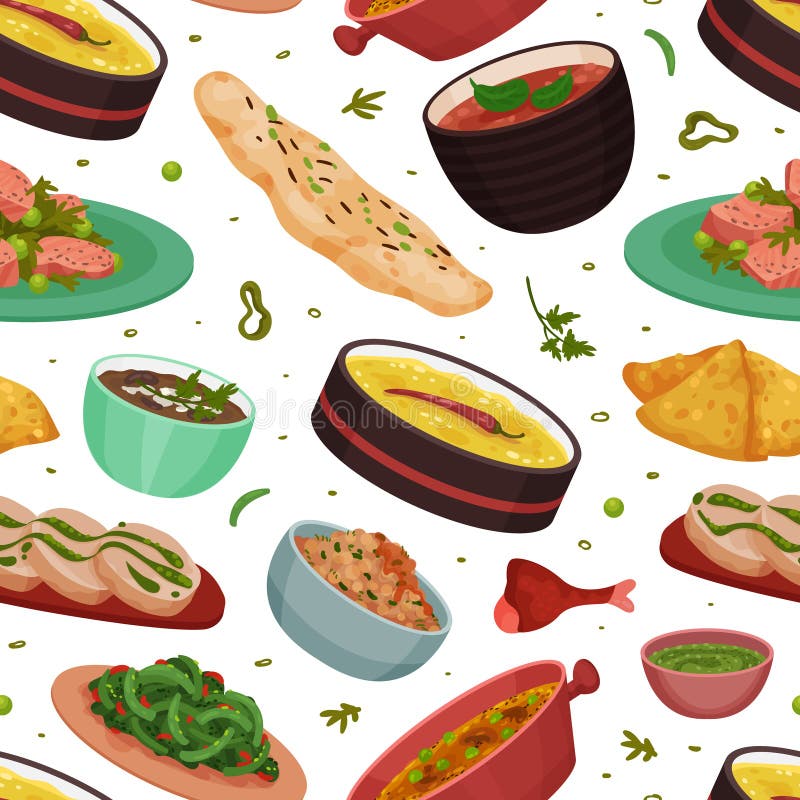 Indian Food Seamless Pattern Design with Dinner Dish Served on Plate ...