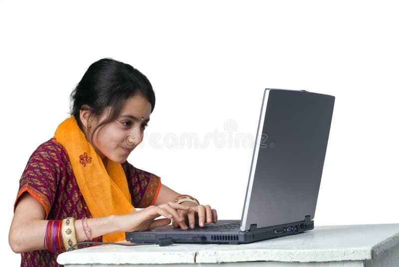 Indian Girl and Laptop Computer Stock Image - Image of east, homework ...