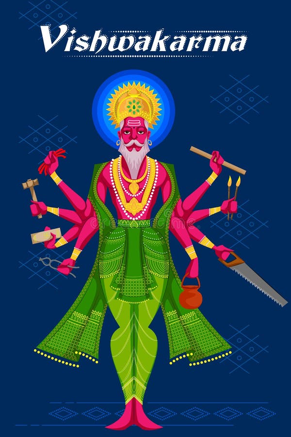 Indian God Vishwakarma with Different Tools Stock Vector - Illustration ...