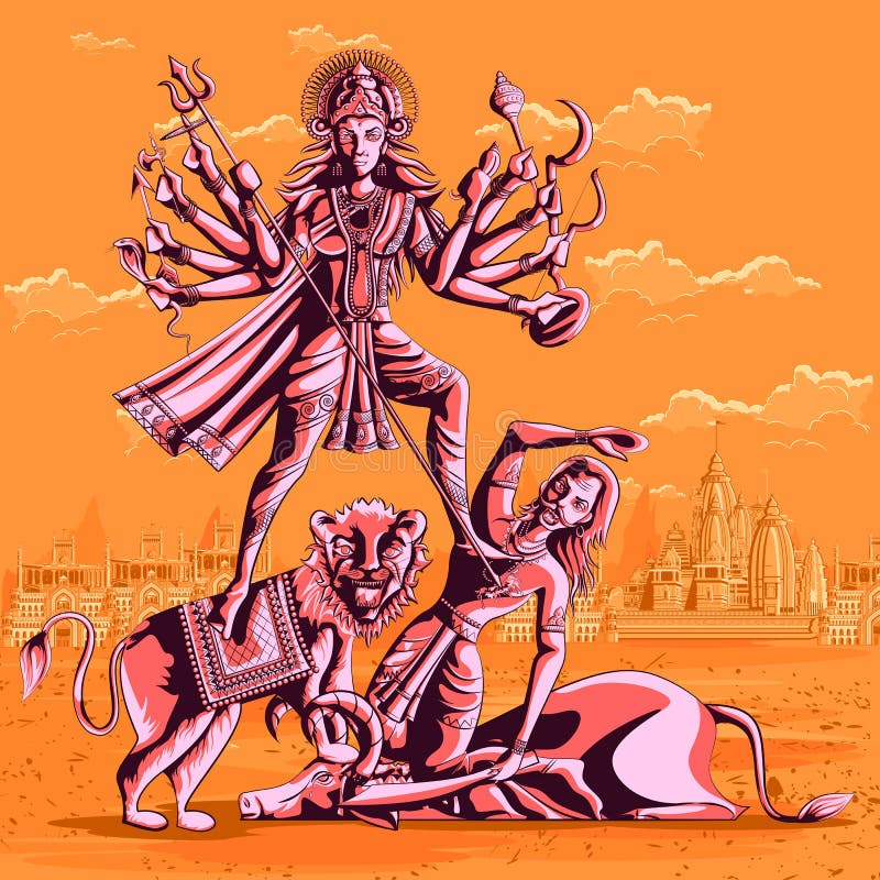 Indian Goddess Durga Killing Mahishasura Stock Vector - Illustration of ...