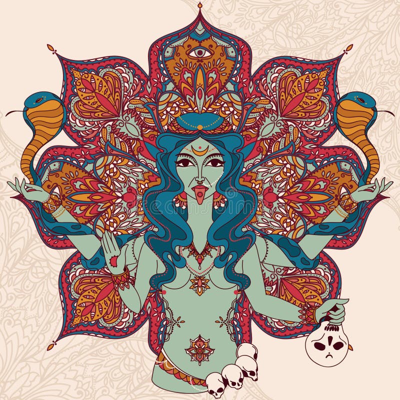 Indian Goddess Kali with Two Snakes on Traditional Mandala Round ...