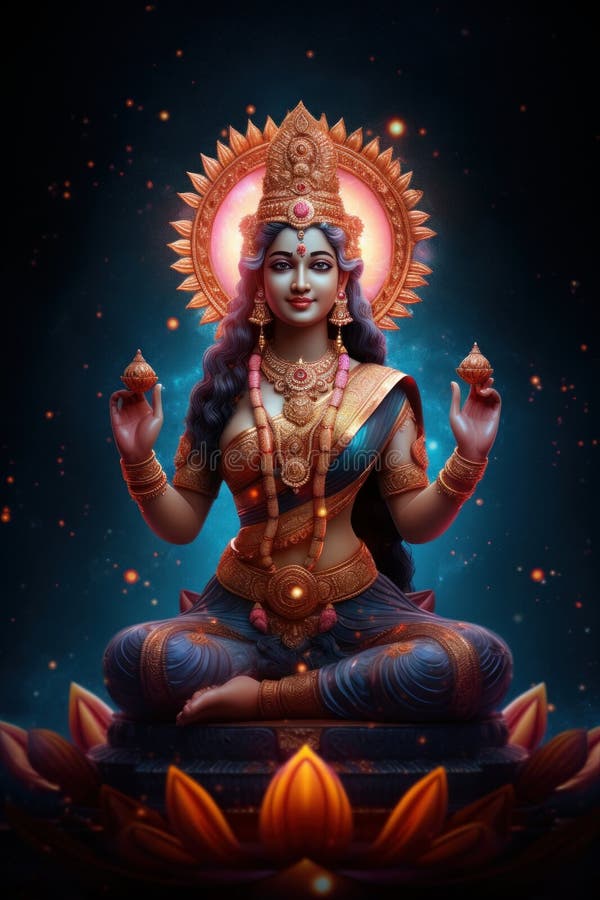 Beautiful Goddess Laxmi Sitting On Lotus With Lots Of Lotus Generative
