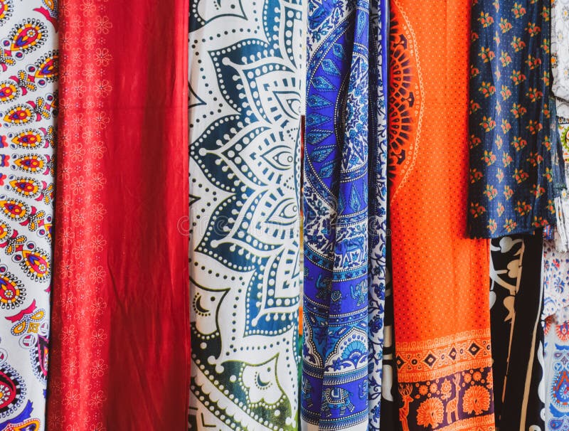 Indian Hanging on the Counter. Trade in Fabrics from India. Fabric with ...