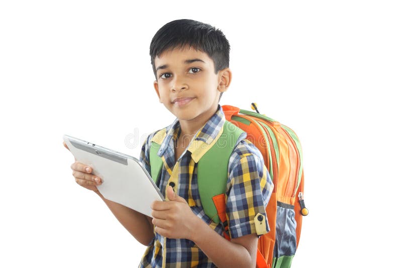 Indian Little Boy with Back Bag Stock Photo - Image of carrying, laptop ...