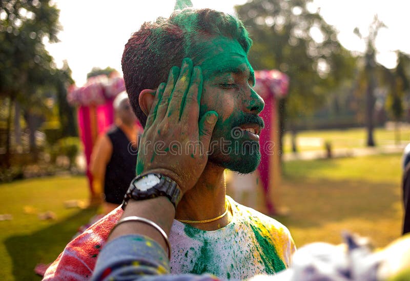 Indian Man Face Covered with Green Color while Playing Holi Stock Photo ...