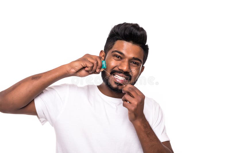 Indian Man Flossing His Teeth Isolated on White Background Stock Photo ...