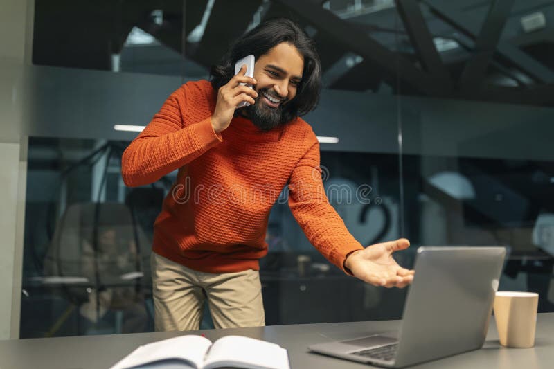 Indian Man Manager Multitasking at Modern Dark Office Stock Image ...