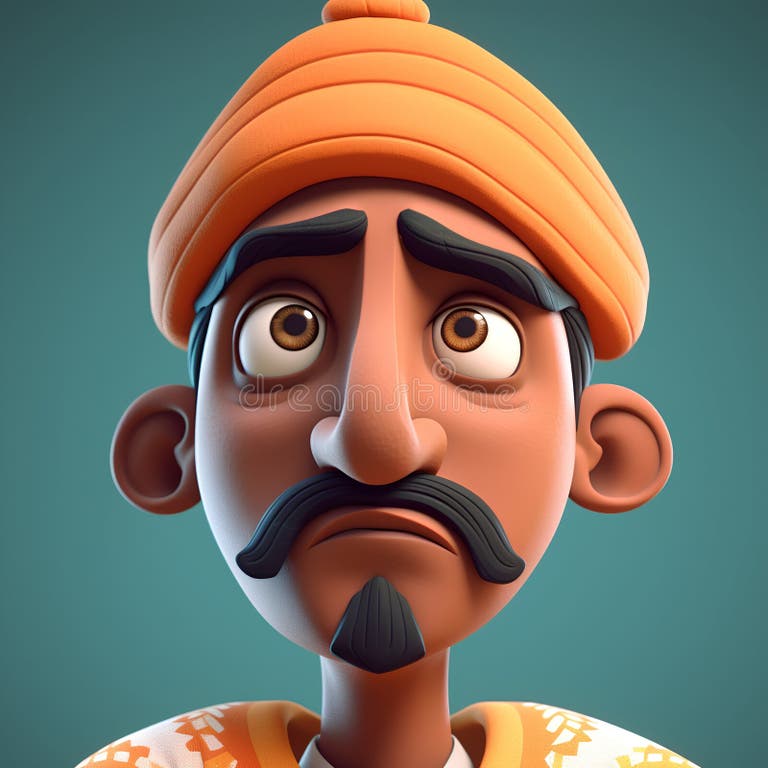 Indian Man with Mustache and Orange Hat, 3d Rendering. Computer Digital ...