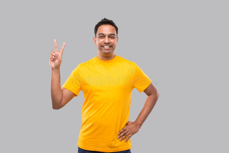 Indian Man Showing Peace Sign Isolated Smilling Stock Photo - Image of ...