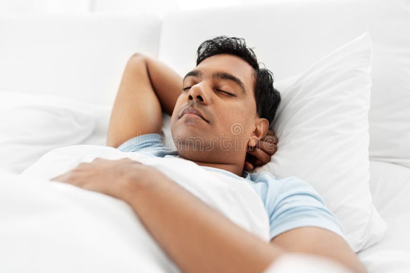 Indian Man Sleeping in Bed at Home Stock Image - Image of leisure ...