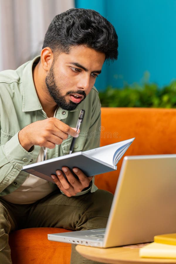 Indian Man Student Study at Home on Laptop Computer Making Conference ...