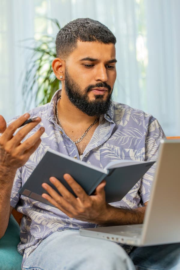 Indian Man Student Study at Home on Laptop Computer Making Conference ...
