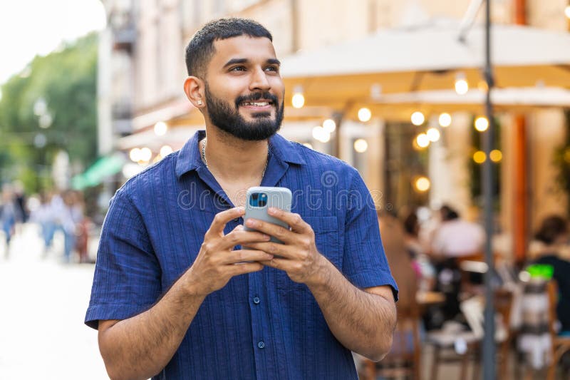 Indian Man Use Smartphone Typing Text Messages Browsing Internet ...