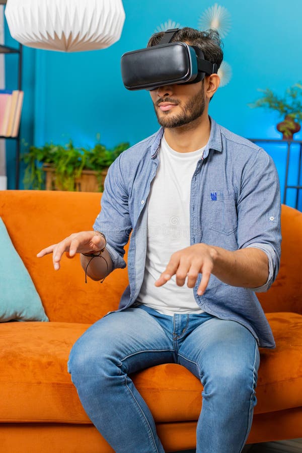 Indian Man Use Virtual Reality Headset Typing Virtual Keyboard Play ...