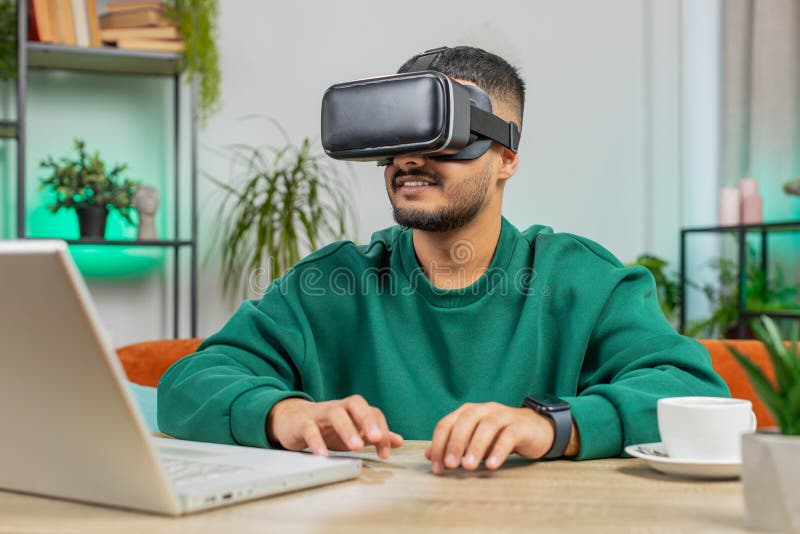 Indian Man Use Virtual Reality Headset Typing Virtual Keyboard Play ...