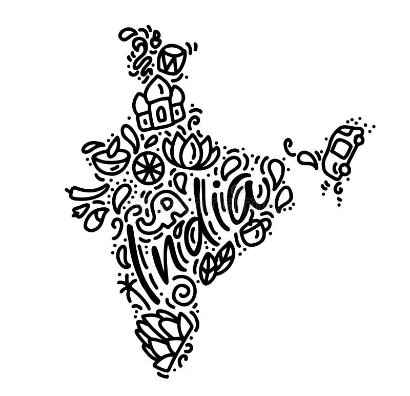 Indian Map Black Calligraphy Text and Doodle Elements Vector ...