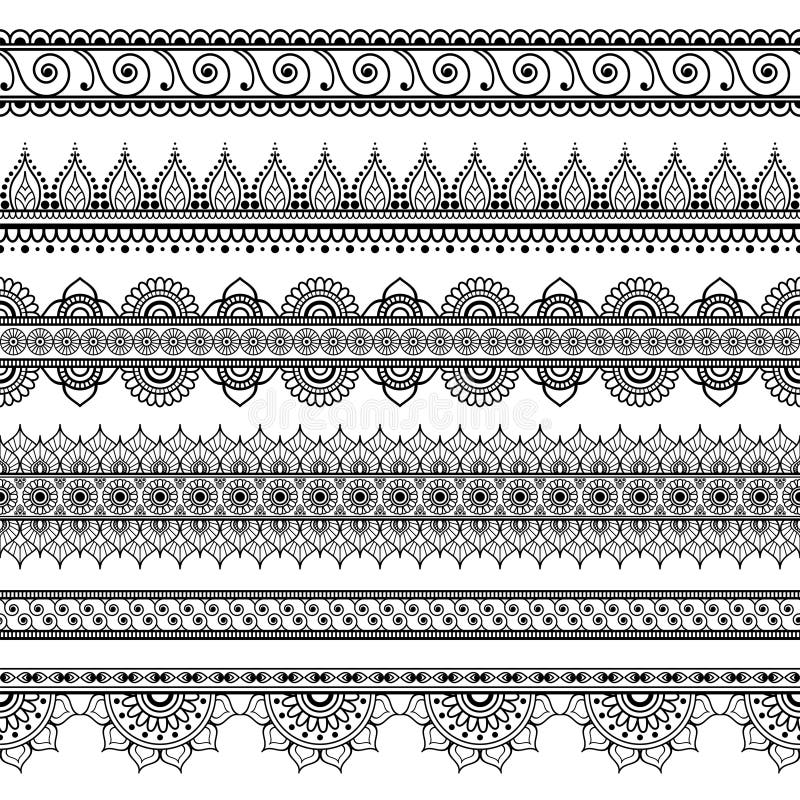 Indian, Mehndi Henna Set of Six Line Lace Elements Pattern for Tattoo ...