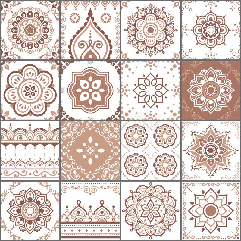 Boho Style Indian Tiles Seamless Vector Pattern with Flowers and ...