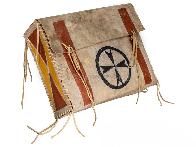 Indian Painted Rawhide Box with Leather Cords Isolated on White Stock ...