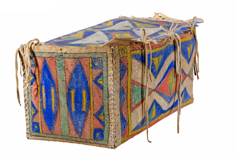 Indian Painted Rawhide Box with Leather Cords Isolated on White Stock ...