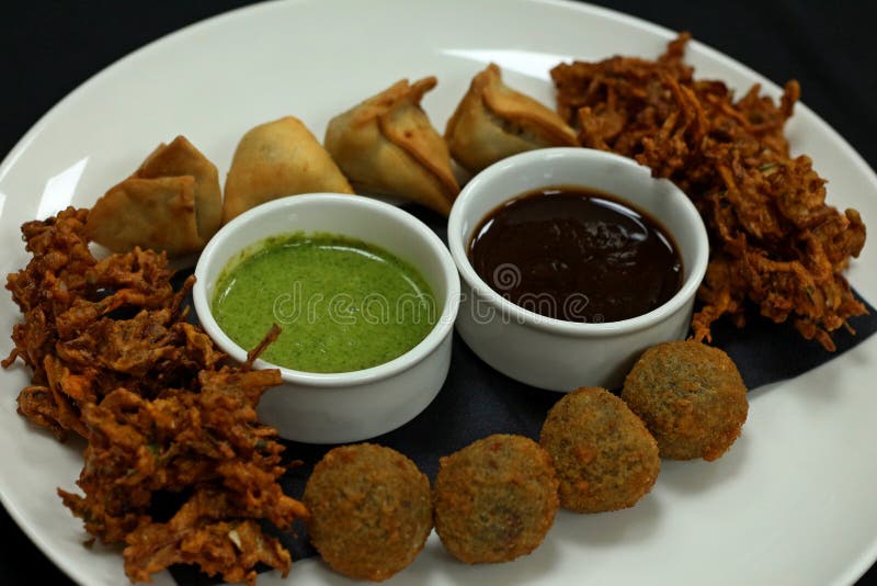 Indian Snack Pakora Platter with Dips Stock Image - Image of served ...