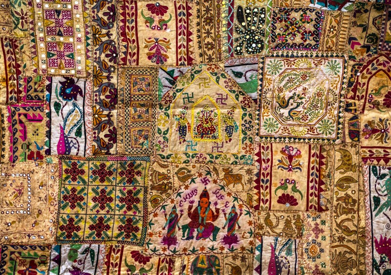 Indian patchwork carpet stock photo. Image of embroidery - 141540952