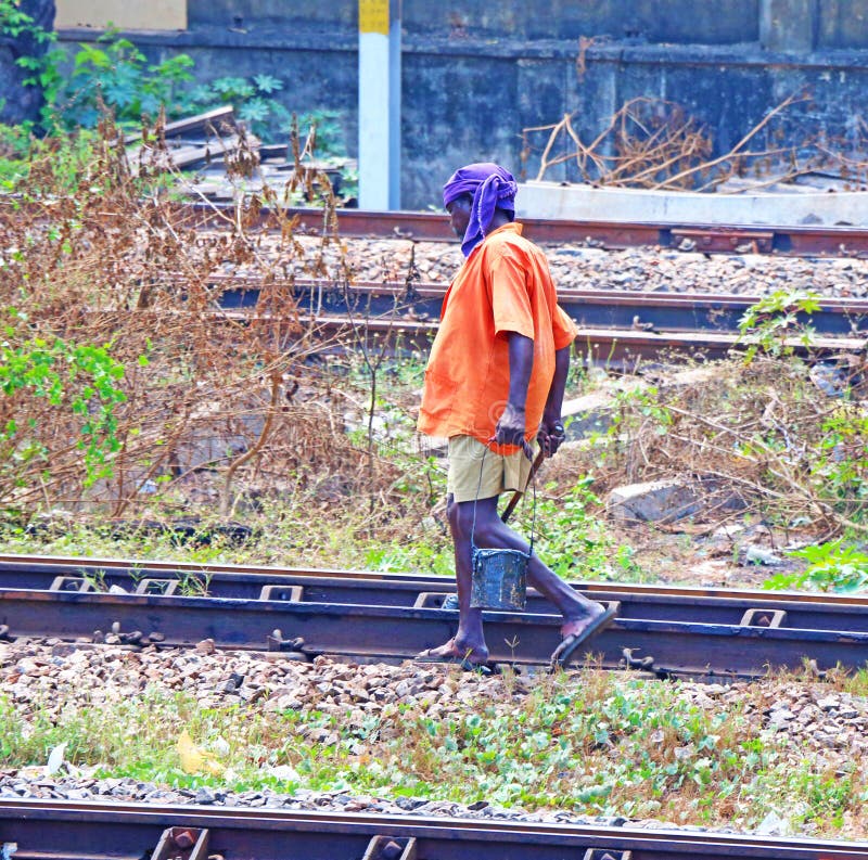 Indian Railway Worker Walking Along Tracks Editorial Stock Photo ...