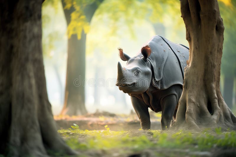 Indian Rhino Standing Under a Tree Canopy Stock Image - Image of ...