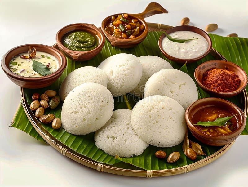 Indian Rice Idli Accompanied by Various Types of Condiments and Sambar ...