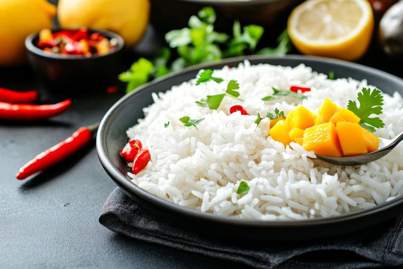 Indian Rice Sits Beautifully on a Plate, Accompanied by Mango Pickle ...