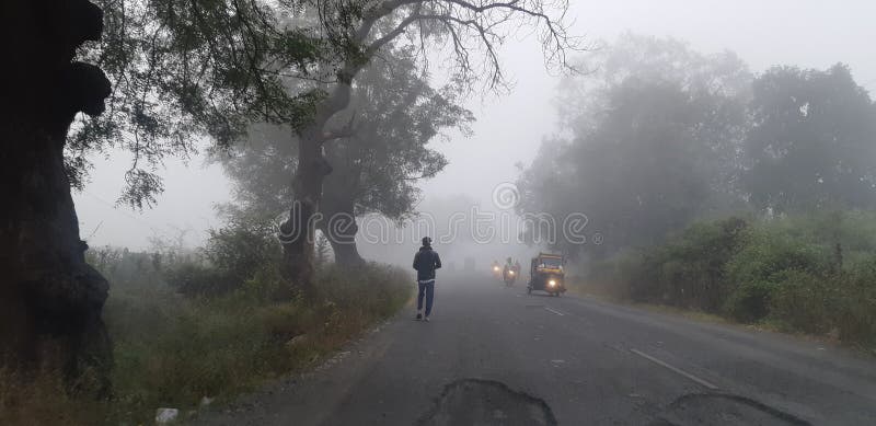 Indian Road with Fogg Morning Hours Stock Image - Image of hours ...