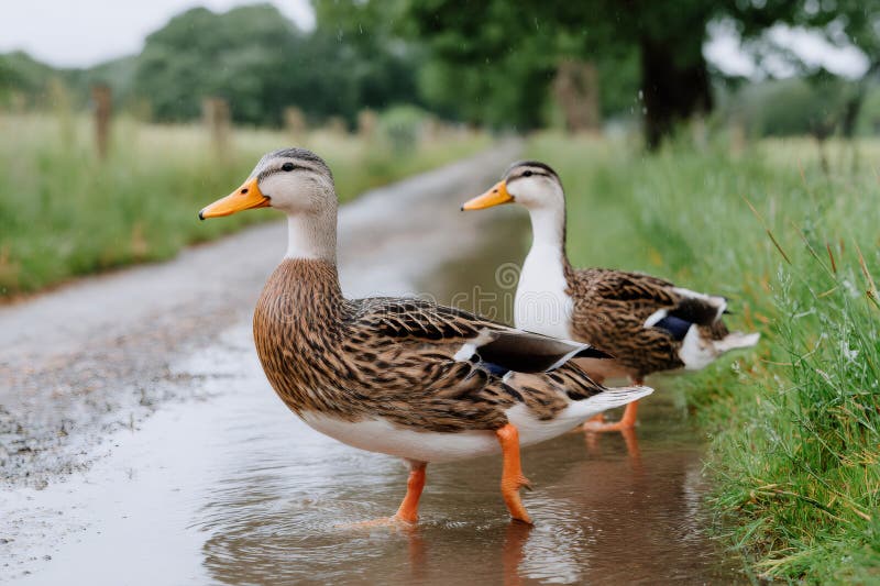 Indian Runner Ducks Walking on a Wet Country Road Stock Illustration ...