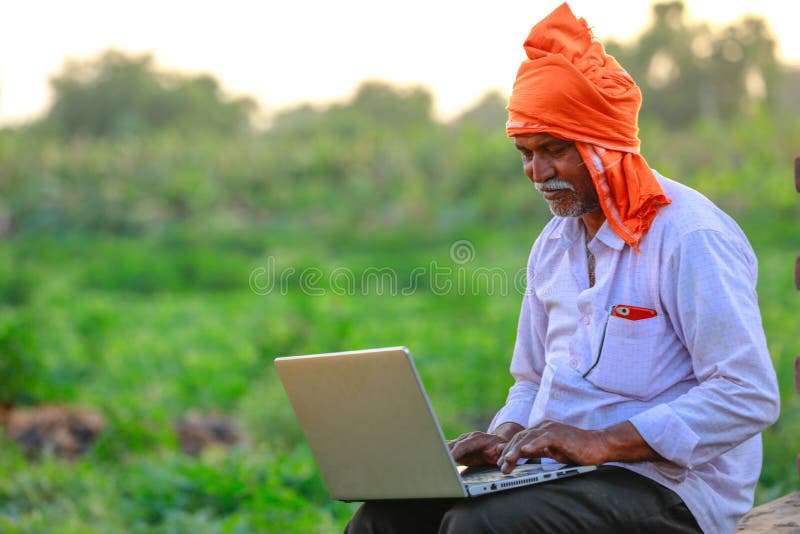 Indian Rural Farmer Using Laptop Stock Image - Image of happiness ...