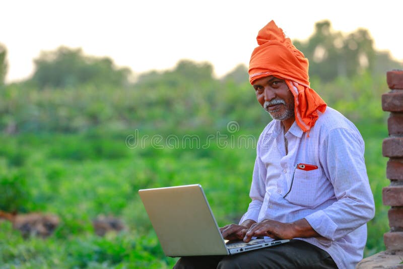 Indian Rural Farmer Using Laptop Stock Image - Image of learning ...