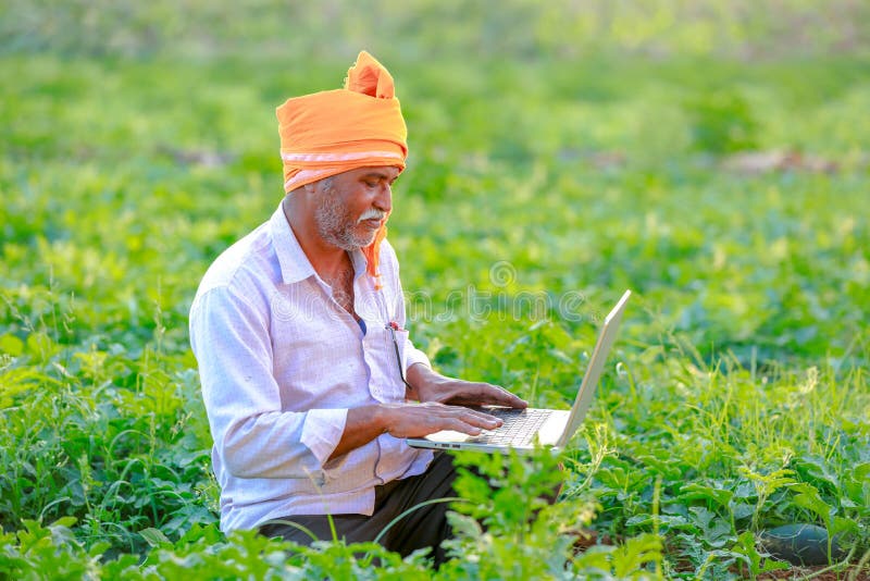 Indian Rural Farmer Using Laptop Stock Photo - Image of green, online ...
