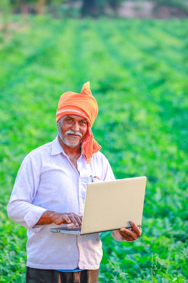 Indian Rural Farmer Using Laptop Stock Image - Image of happiness ...