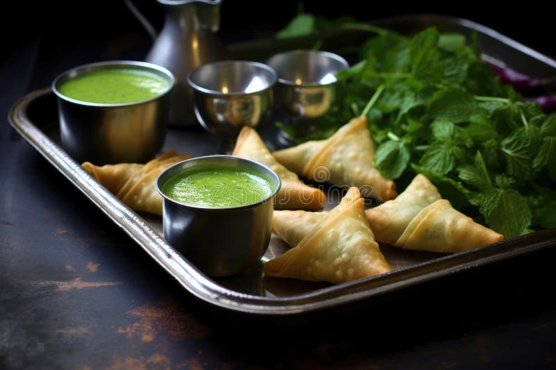 Indian Samosas on a Metallic Tray with Green Dip Stock Illustration ...