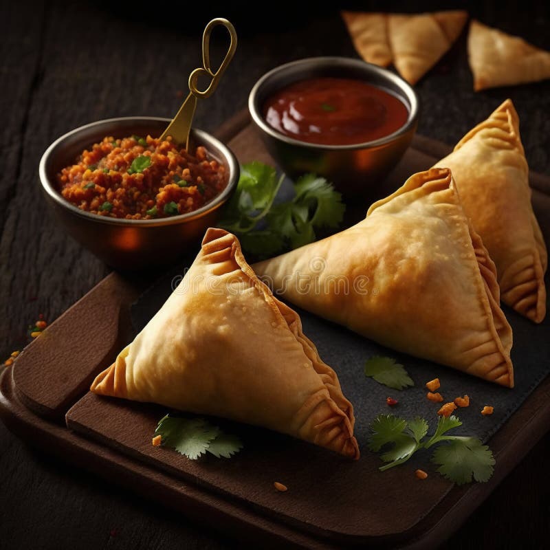 Indian Snack Samosas with Side Dishes on a Table Stock Illustration ...