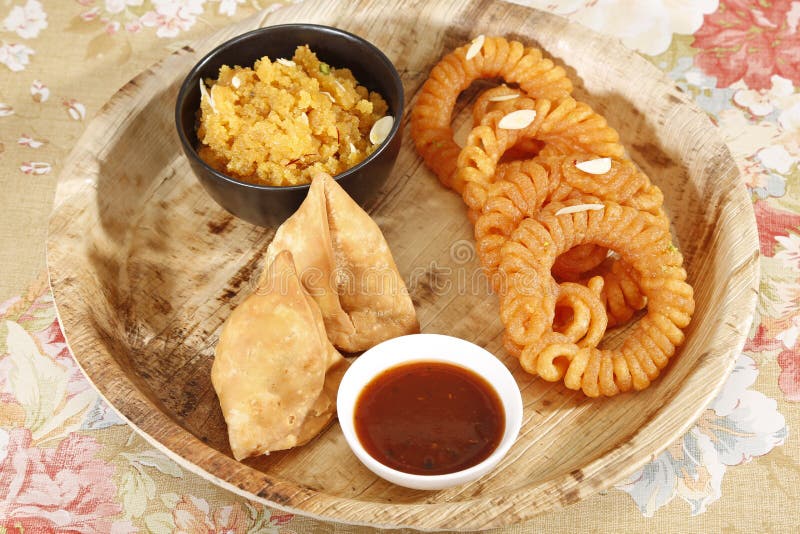 Indian Snacks Samosa Halwa & Imerti Stock Photo - Image of food, cheese ...