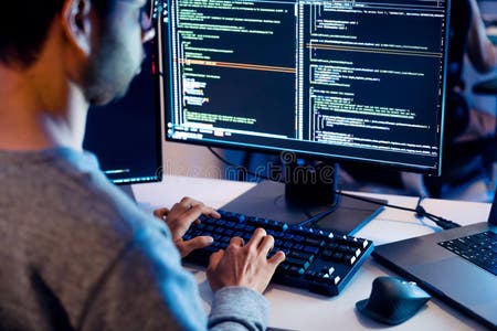 Indian Software Development Working on Coding Computer Screen and Flowchart at Night in Modern ...