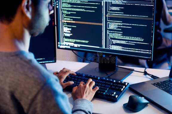 Indian Software Development Working on Coding Computer Screen and Flowchart at Night in Modern ...