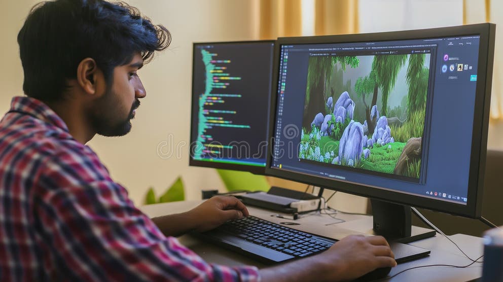 Indian Software Engineer Coding on Dual Monitors with Nature Graphics ...