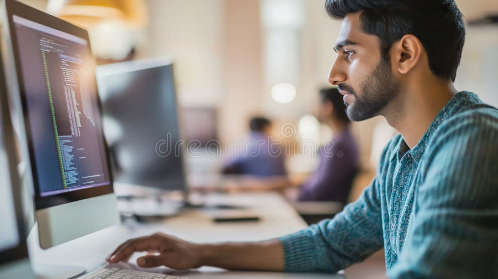 Indian Software Engineer Focused on Coding in a Modern Office Stock ...