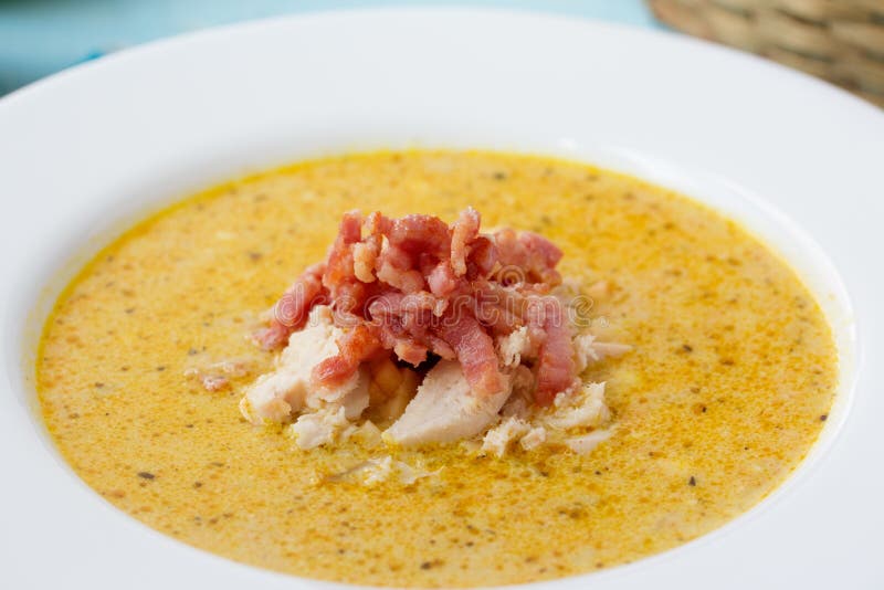 Indian Soup with Curry and Bacon Stock Photo - Image of basil, bowl ...